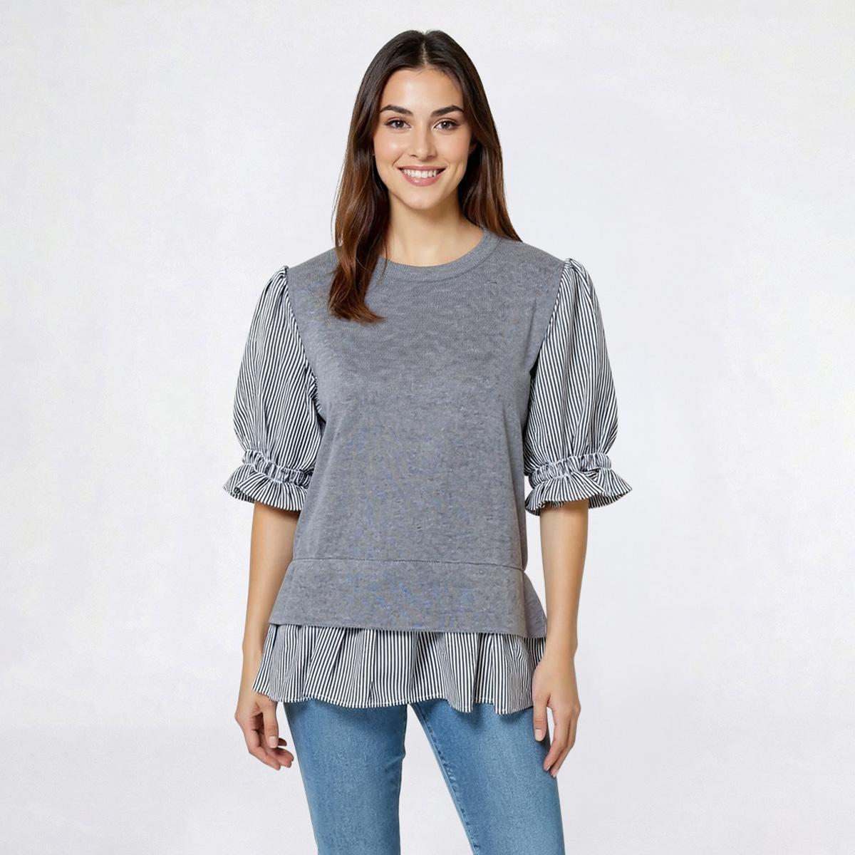 Womens Nanette Lepore Short Sleeve Ruffle Hem Stripe 2fer Sweater